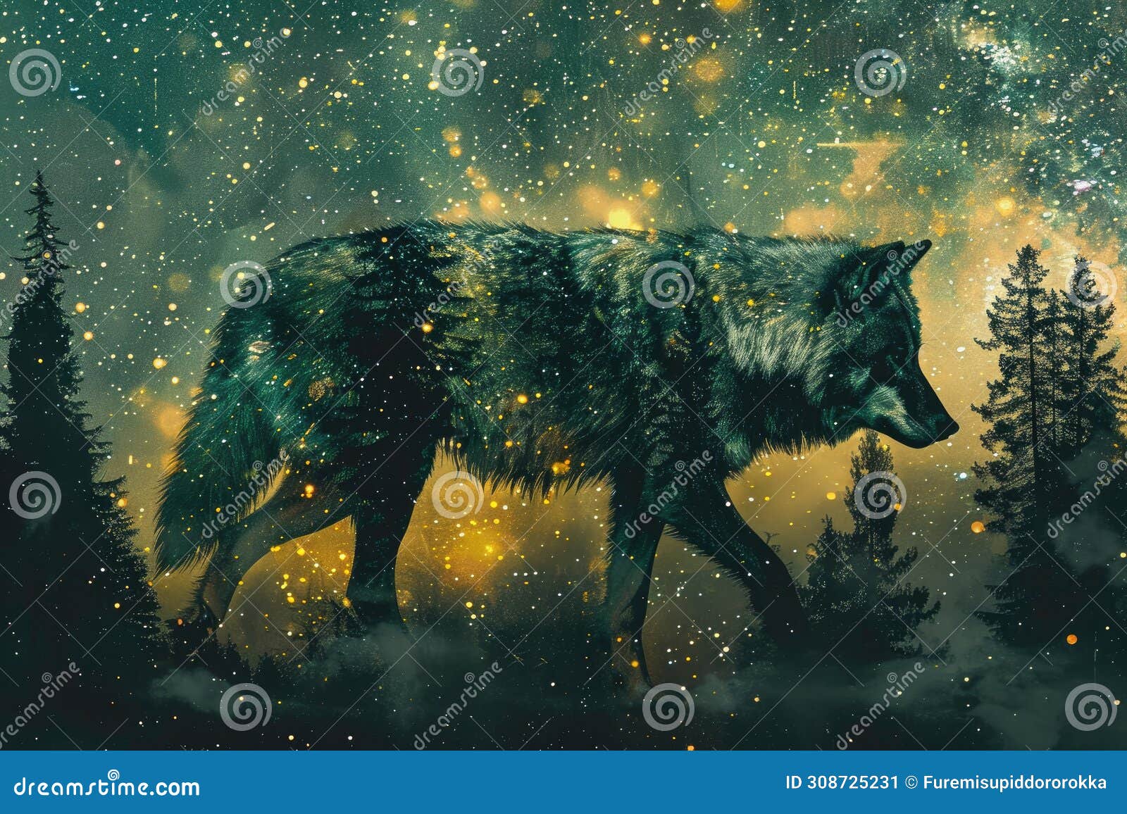 A Wolf Overlaid with the Silhouette of a Dense Forest Under a Starry ...