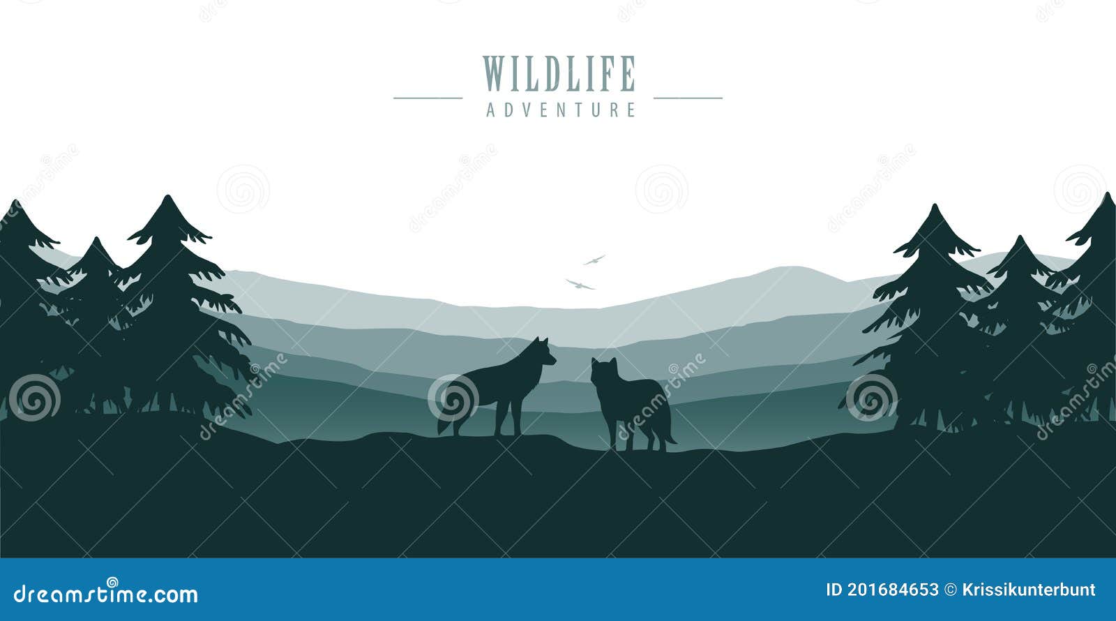 Wolf Pack on Blue Forest Landscape with Mountain View Stock Vector ...