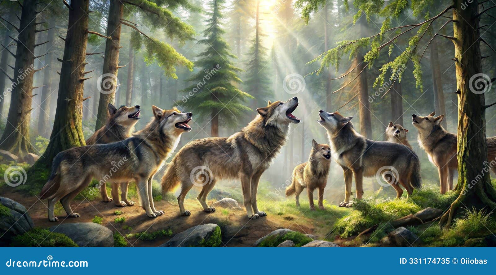 Wolf Pack Howling at Dawn in the Misty Forest Stock Illustration ...
