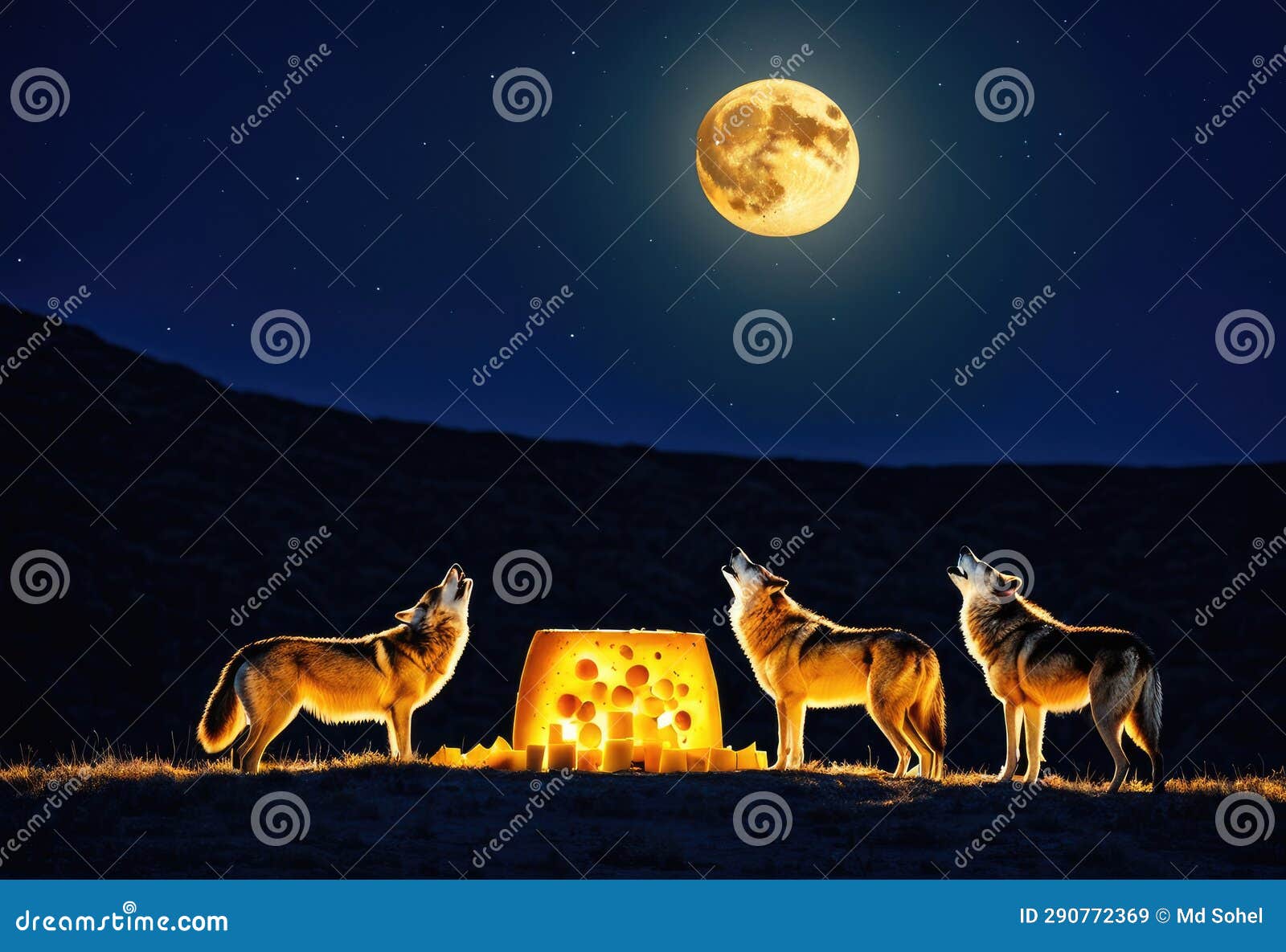 A Wolf Pack Howling at a Full Moon Made of Cheese. Stock Illustration ...