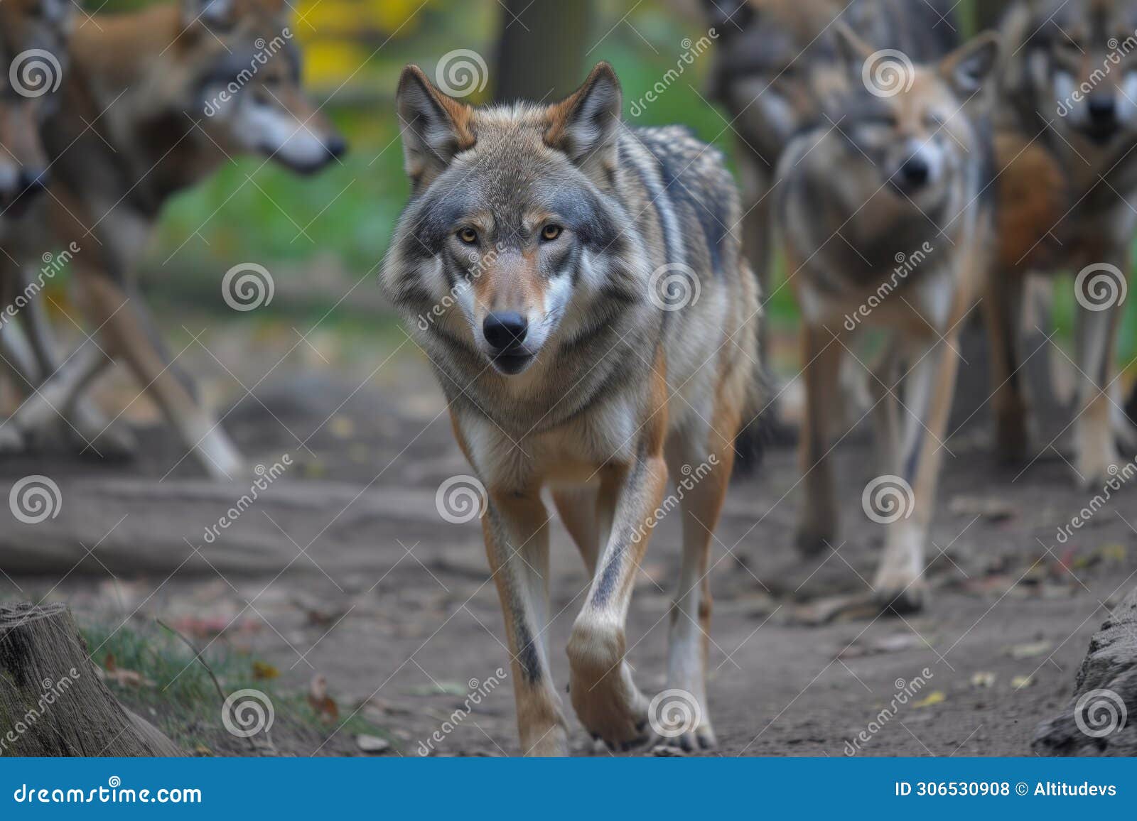 Wolf Pack Moving Past, One Looking Curiously at Camera Stock Photo ...