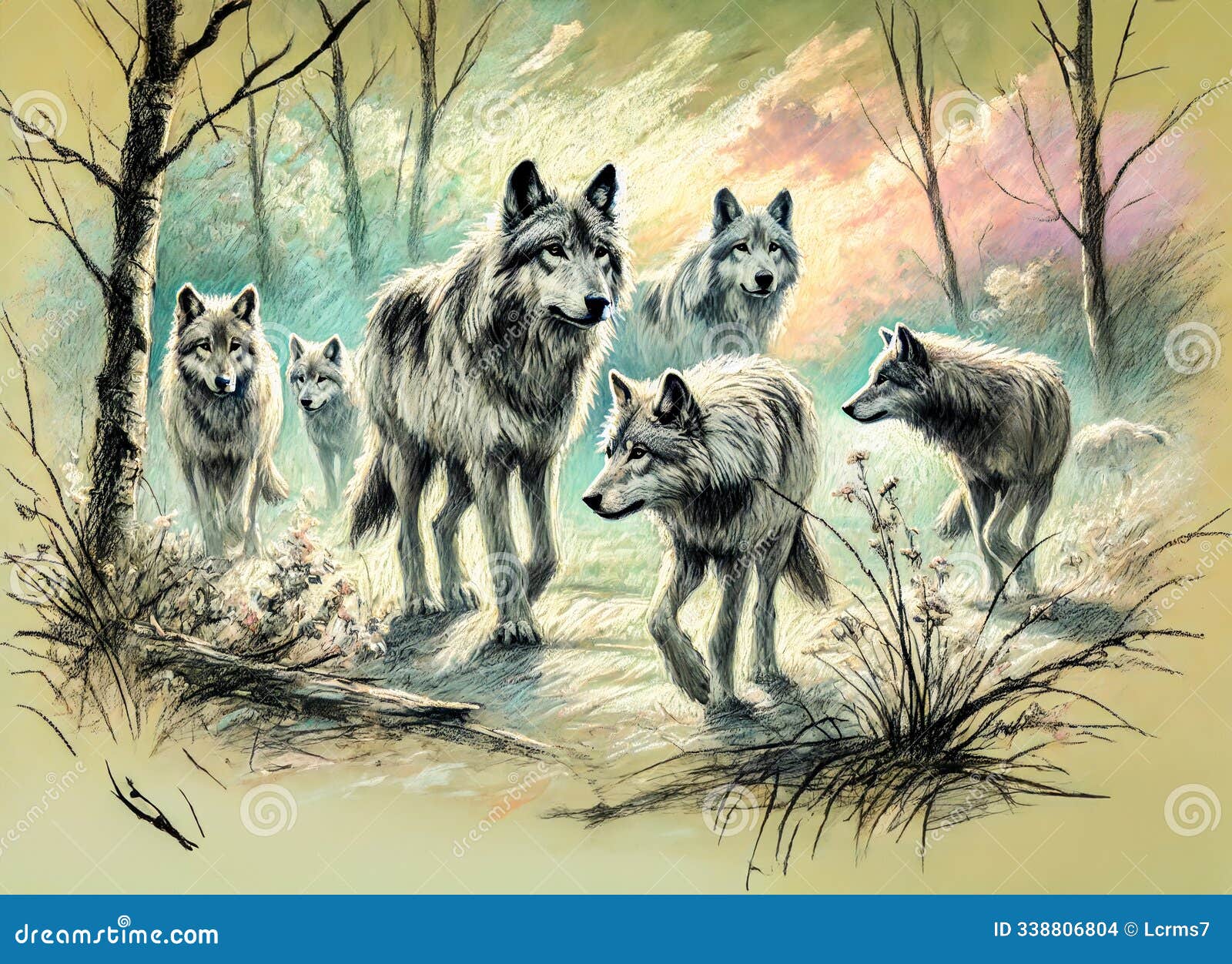 Wolf Pack Running through Forest Stock Illustration - Illustration of ...