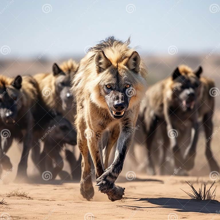 Wolf Pack Running with a Leader in the Front, Wolf Scene with Warm ...