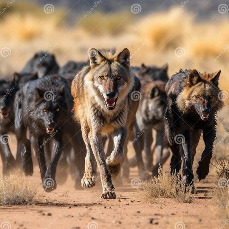 Wolf Pack Running with a Leader in the Front, Wolf Scene with Warm ...