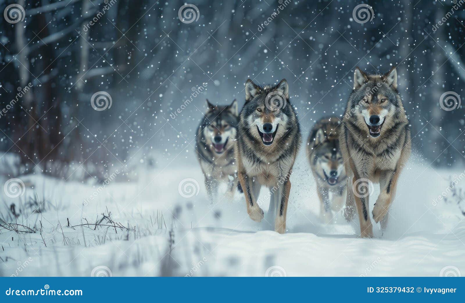 Wolf Pack Running through the Snow Stock Photo - Image of evening ...