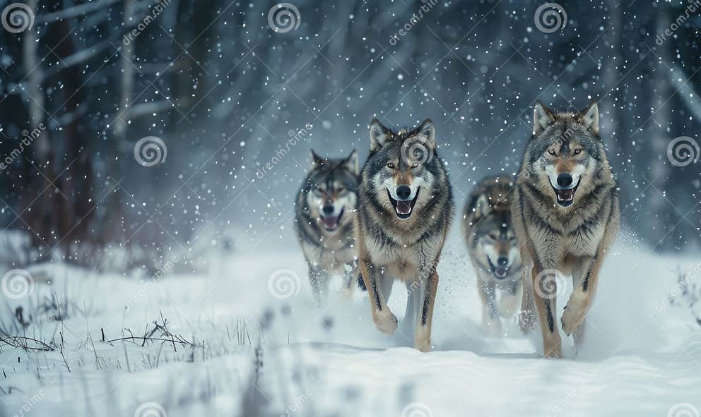Wolf Pack Running through the Snow Stock Photo - Image of evening ...