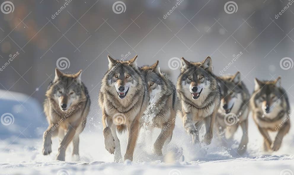 Wolf Pack Running through the Snow Stock Illustration - Illustration of ...