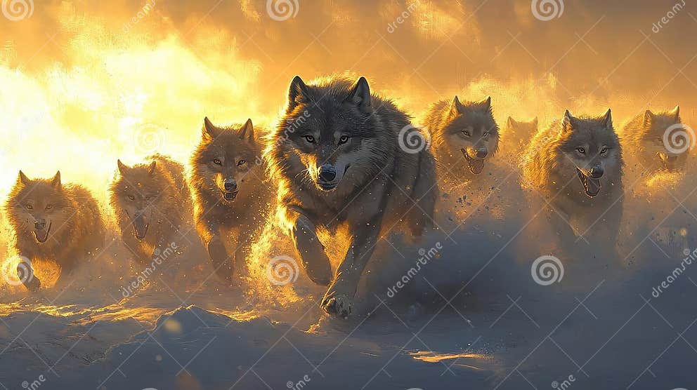 Wolf Pack Running through Snow at Sunset Stock Illustration ...
