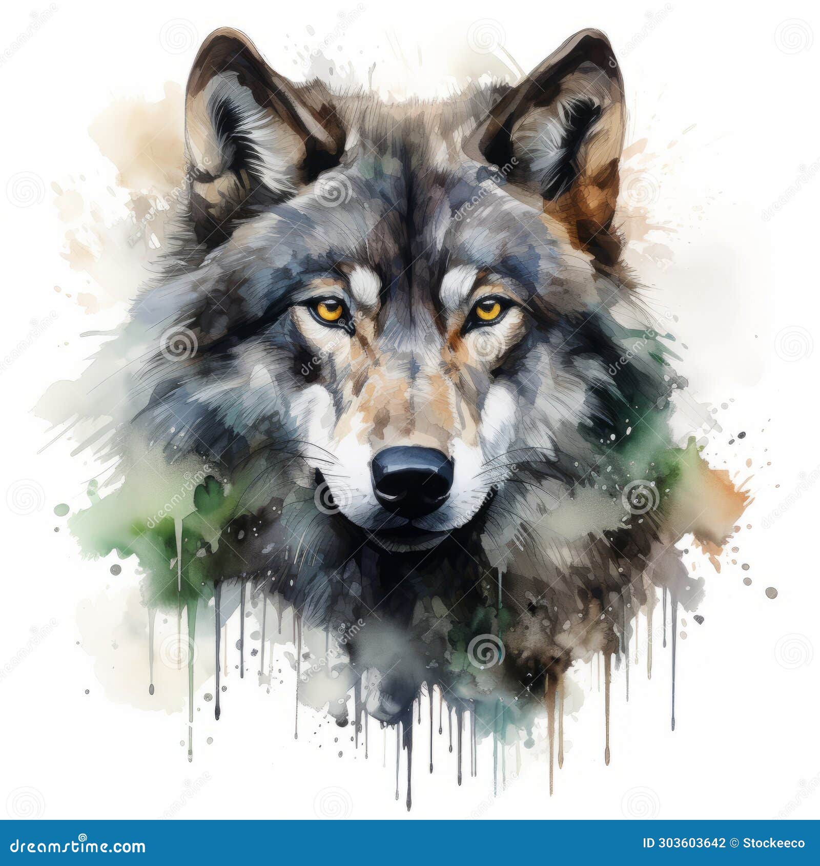 Realistic Wolf Face with Watercolor Splashes - Detailed Wildlife Art ...