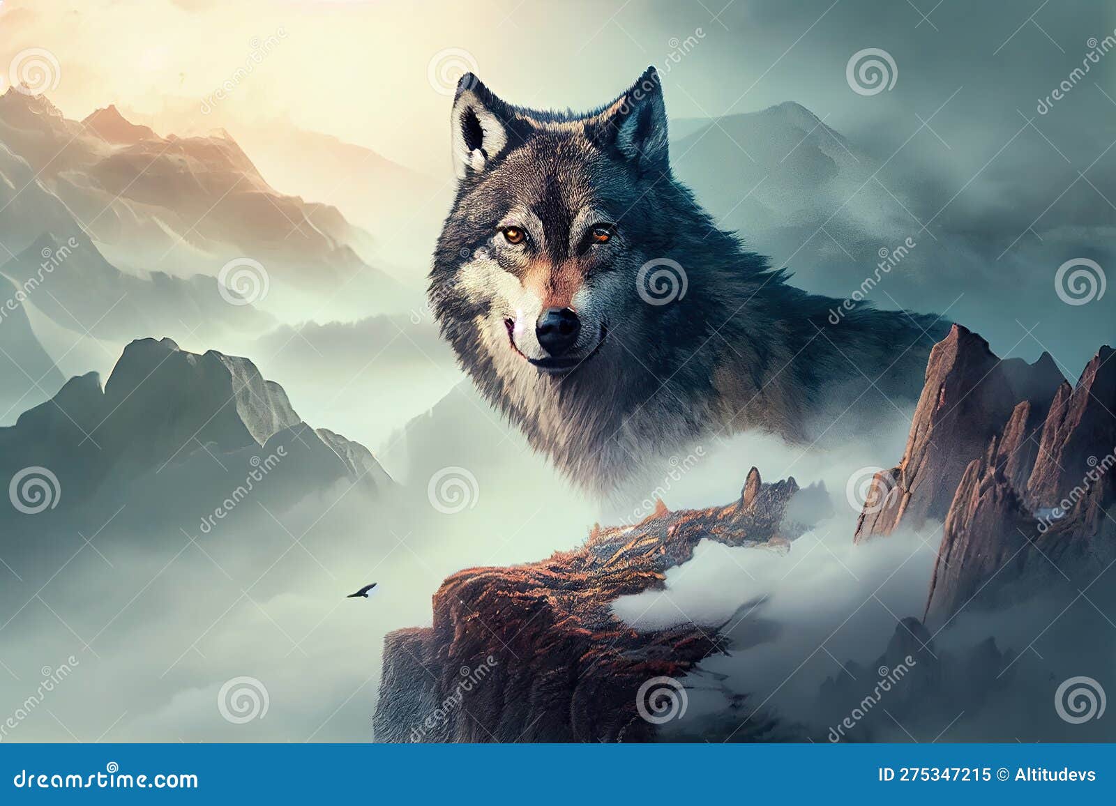 Wolf, with Piercing Eyes and Bared Teeth, on Mountain Ridge Above the ...