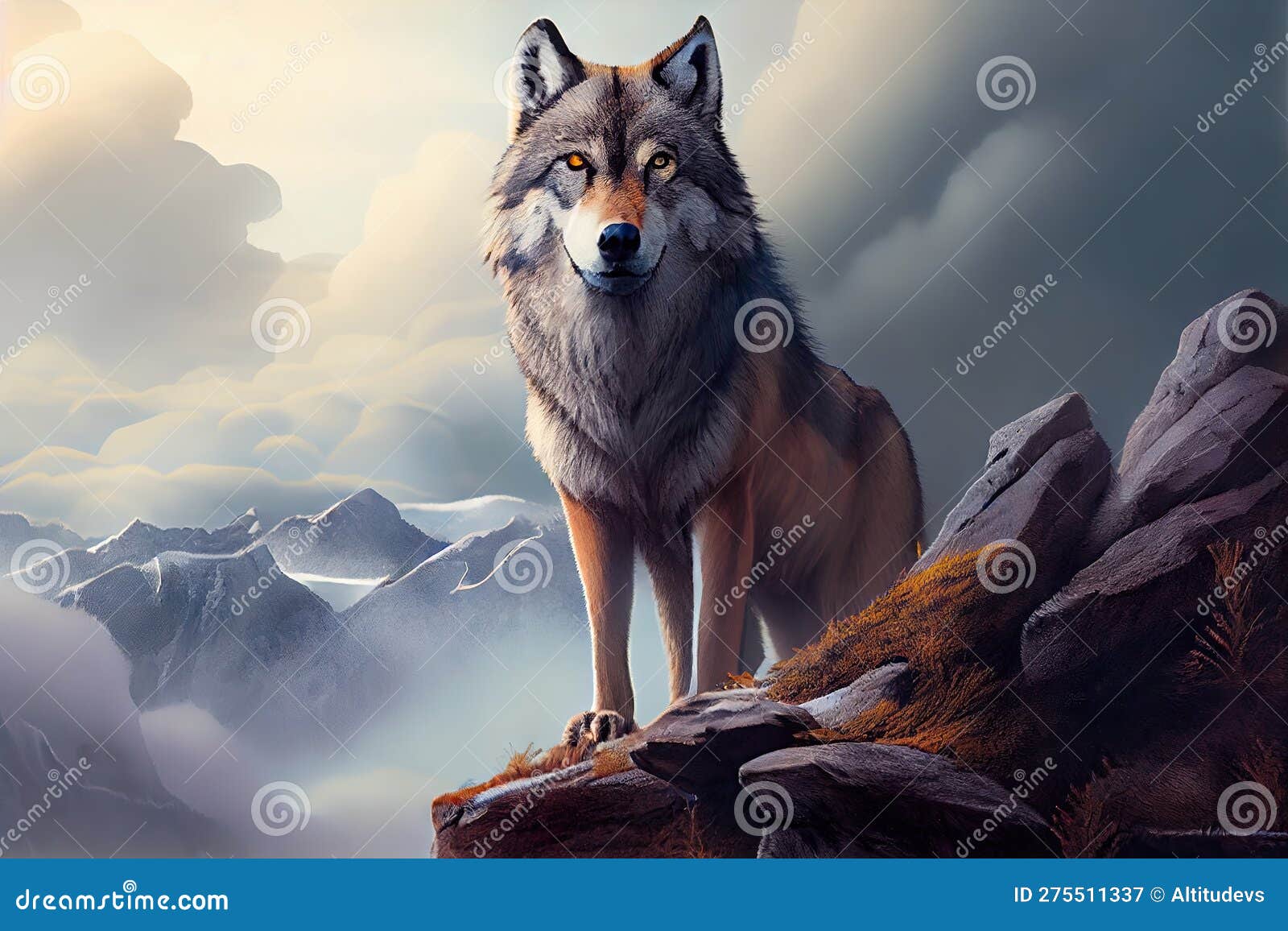 Wolf, with Piercing Eyes and Bared Teeth, on Mountain Ridge Above the ...