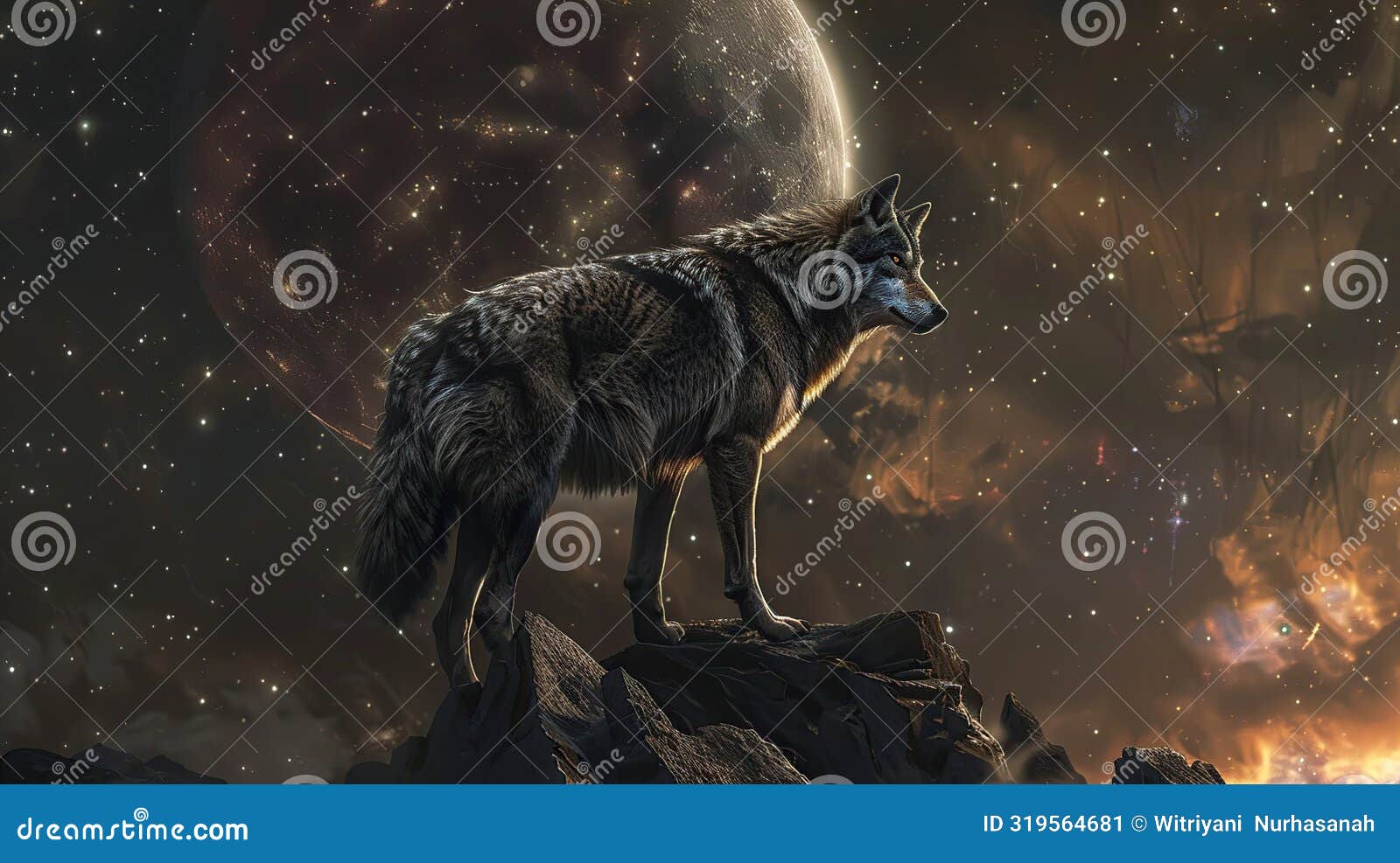 Wolf, Planet, Stars Fantasy Landscape. Generative Ai Stock Illustration ...