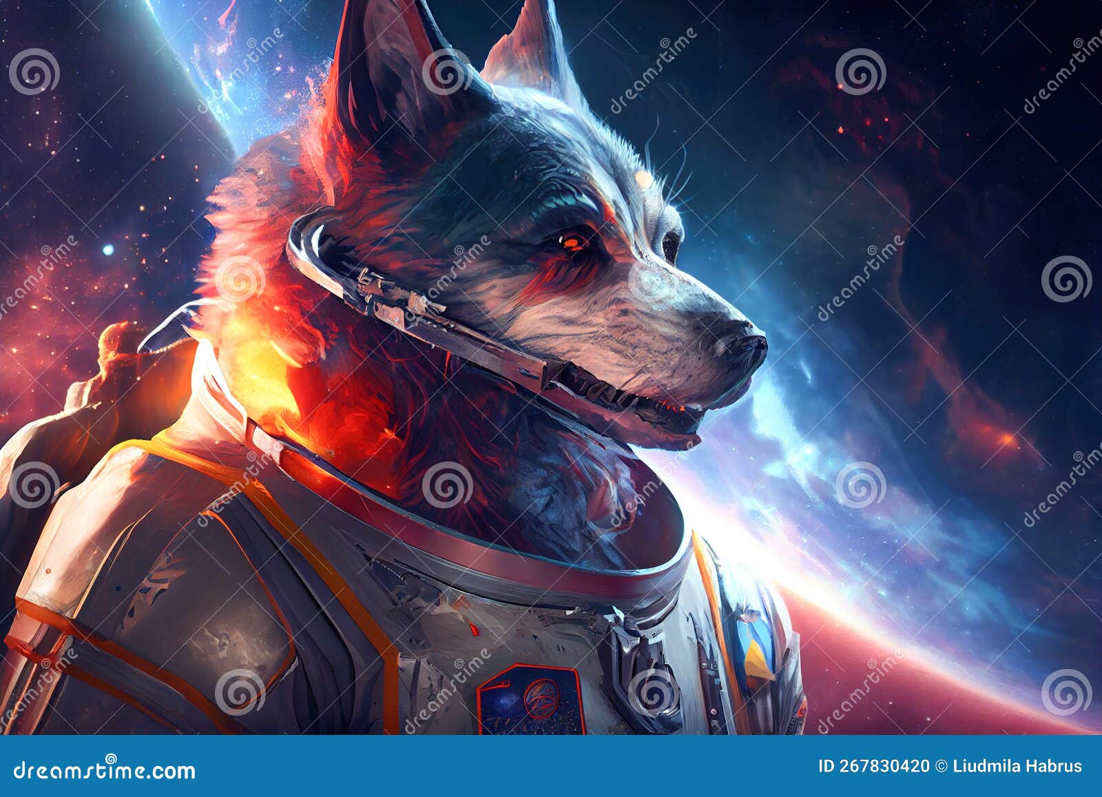 Wolf Portrait. 3d Illustration of a Wolf in a Spacesuit Against the Background of Space Stock ...