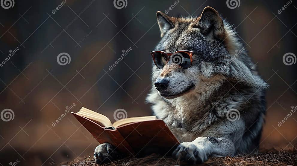 Wolf Reading a Book in the Forest Stock Illustration - Illustration of ...