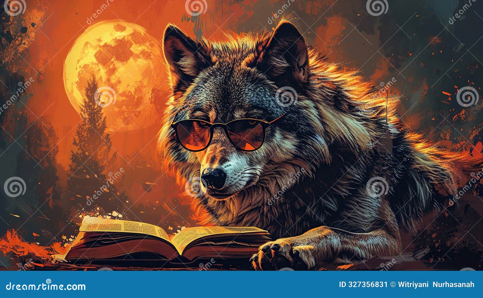 Wolf Reading Under the Moon Stock Illustration - Illustration of ...