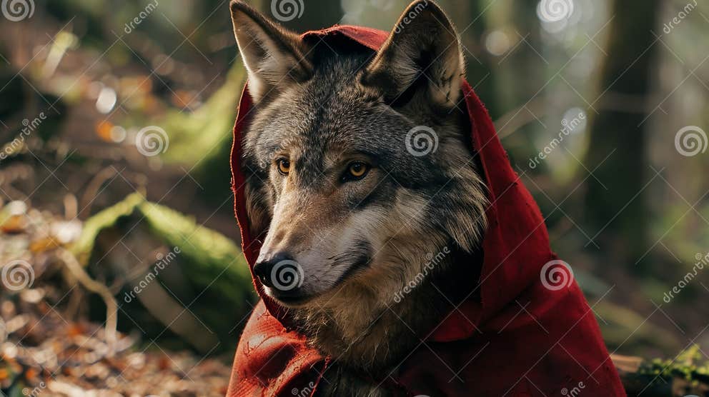 A Wolf in a Red Cloak in the Forest. Stock Illustration - Illustration ...