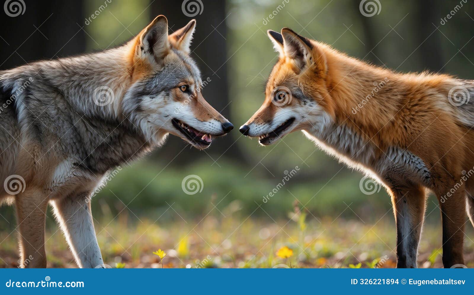 Wolf and Red Fox Stand Facing Each Other in Forest Clearing. Sunlight ...