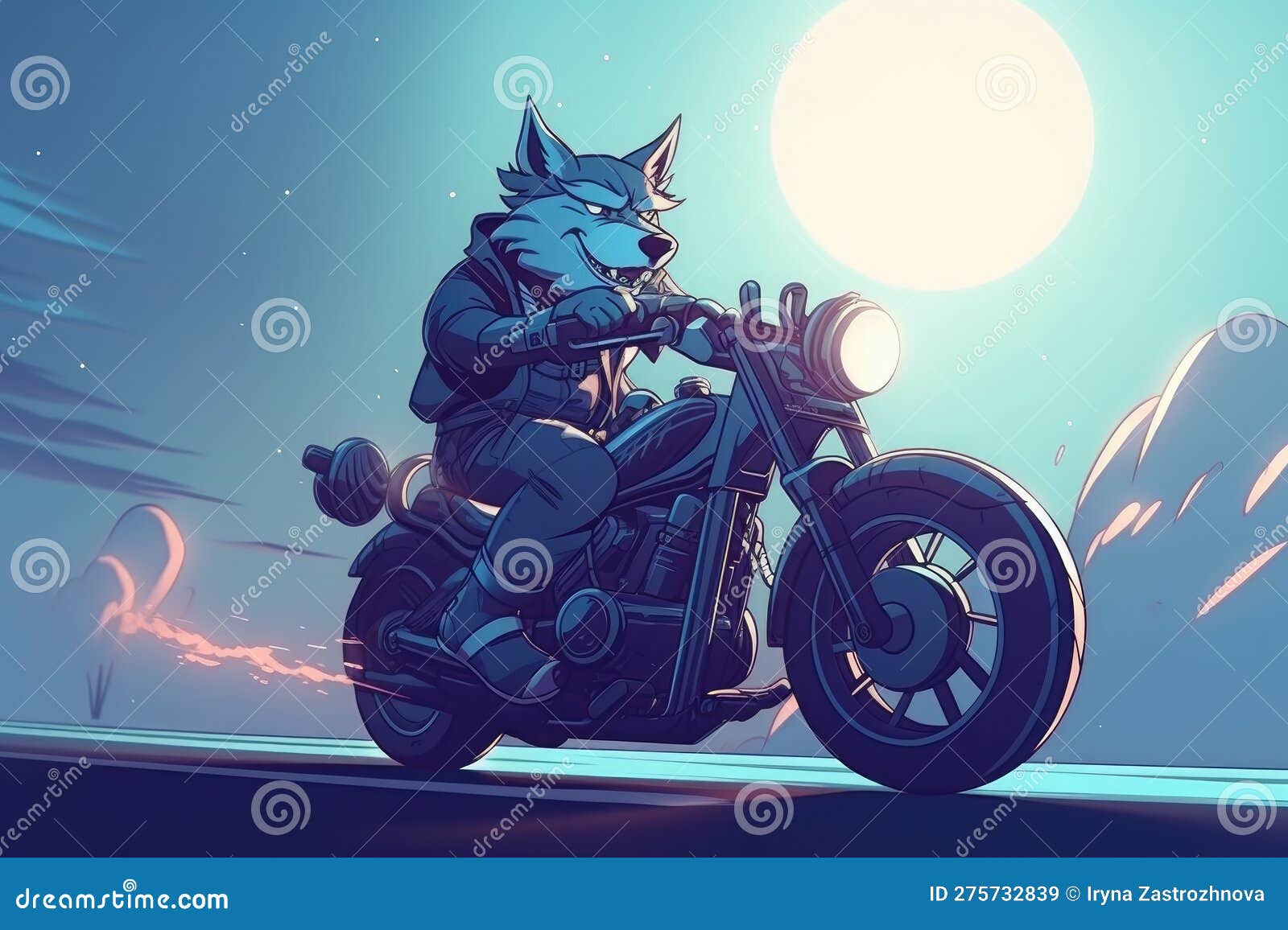 The Wolf Rides a Motorcycle on a Night Road. Generative Ai Stock ...
