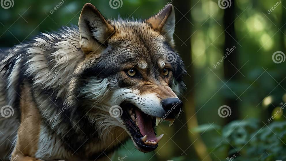 A Wolf Roaring in the Forest, Close Up Stock Illustration ...