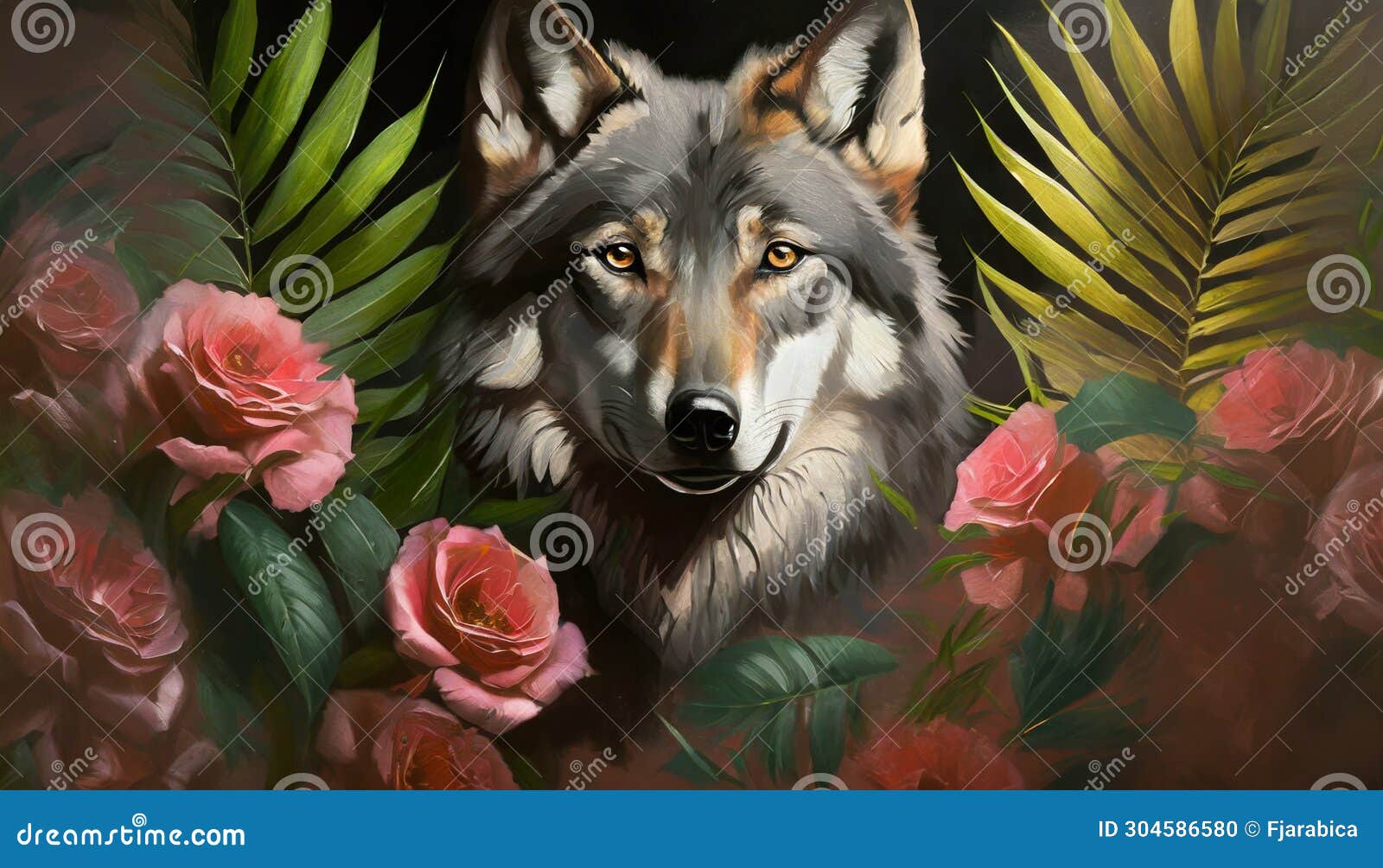 Wolf with roses stock illustration. Illustration of plant - 304586580