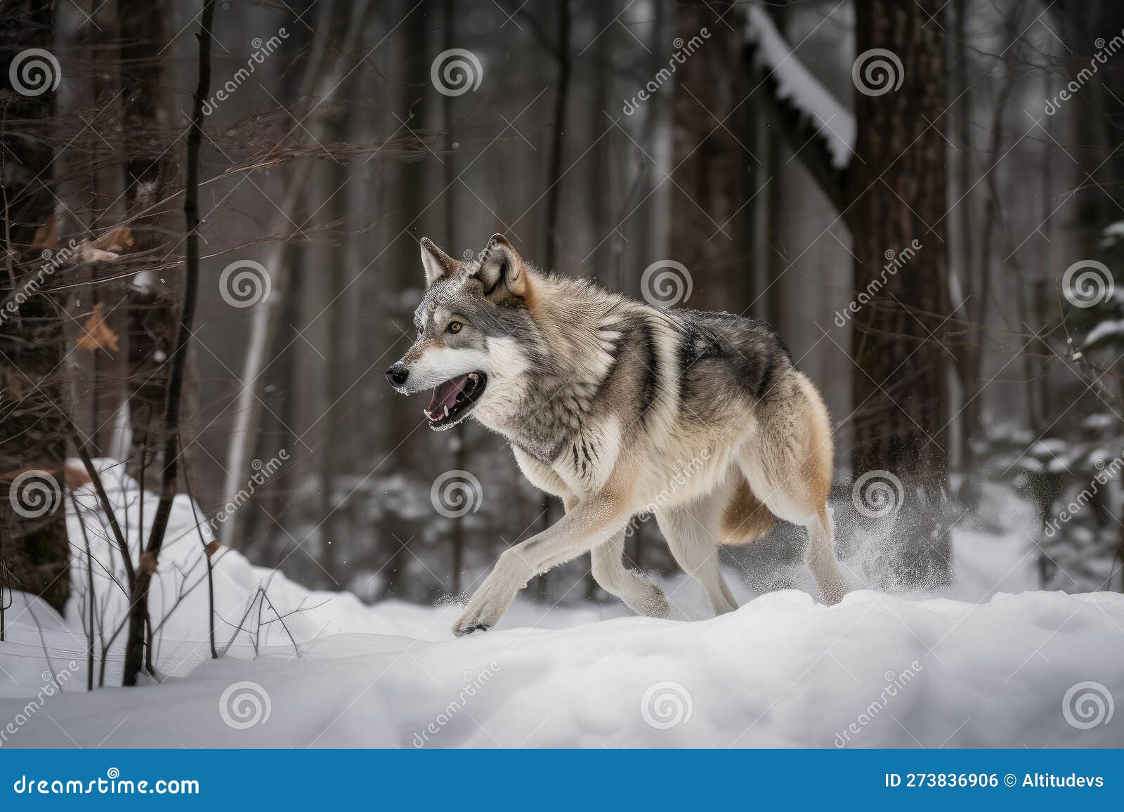 Wolf Running through Snow-covered Forest, with Trees in the Background ...