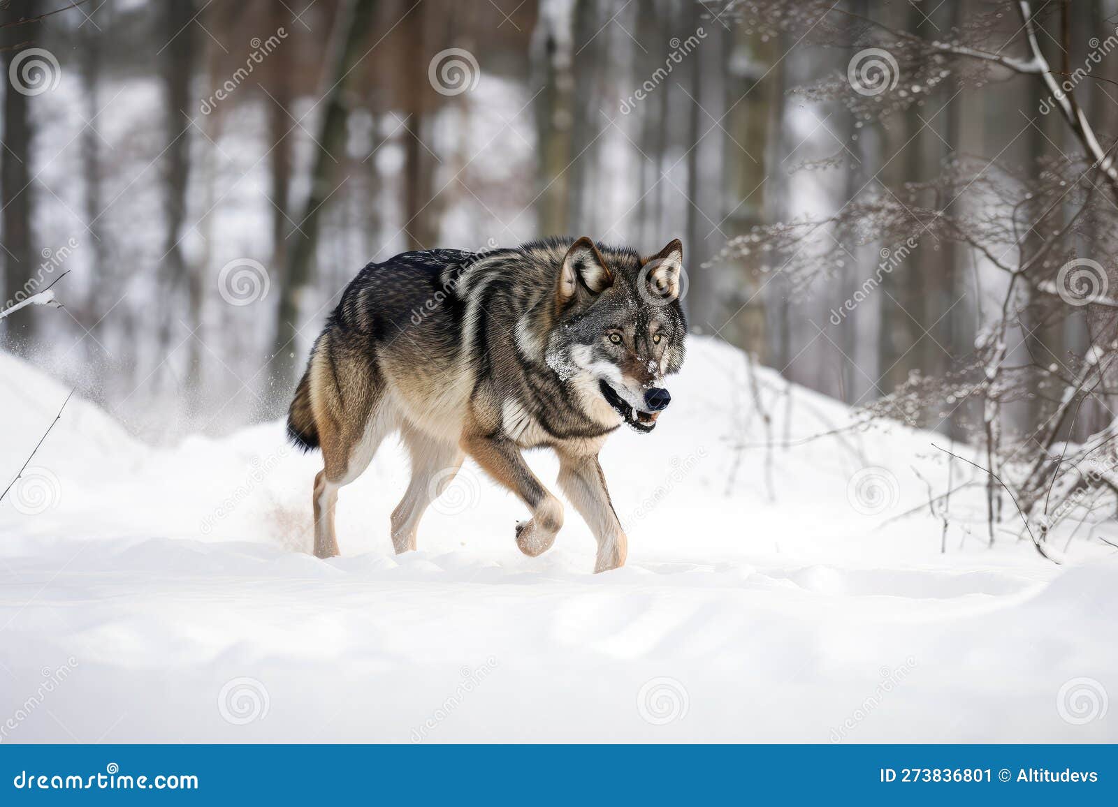 Wolf Running through Snow-covered Winter Forest Stock Illustration ...
