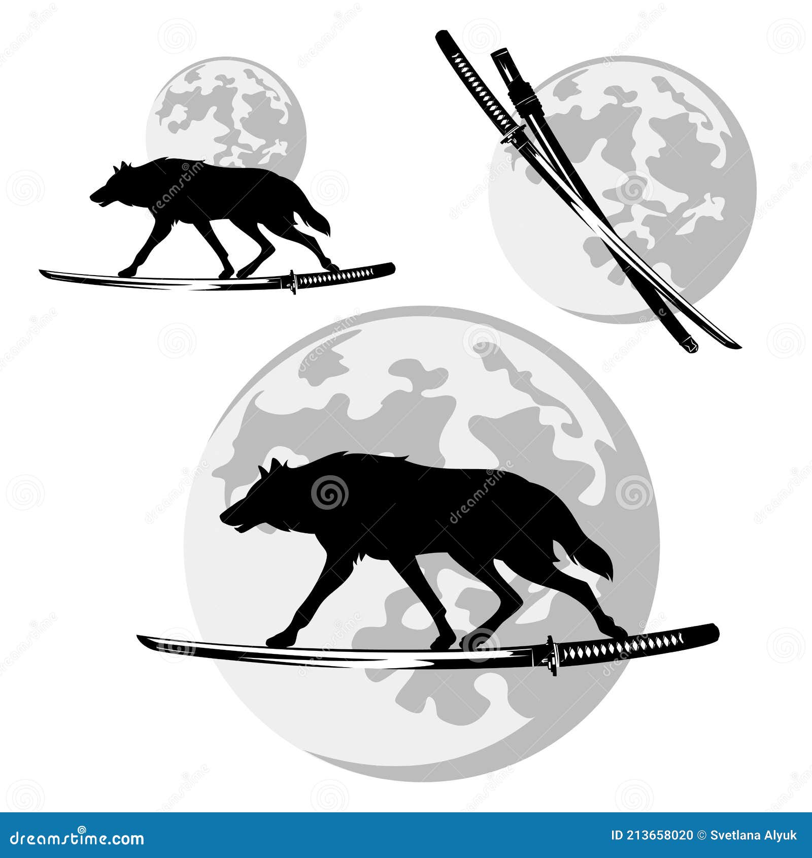 Wolf, Samurai Katana Sword and Full Moon Disk Vector Silhouette Design ...