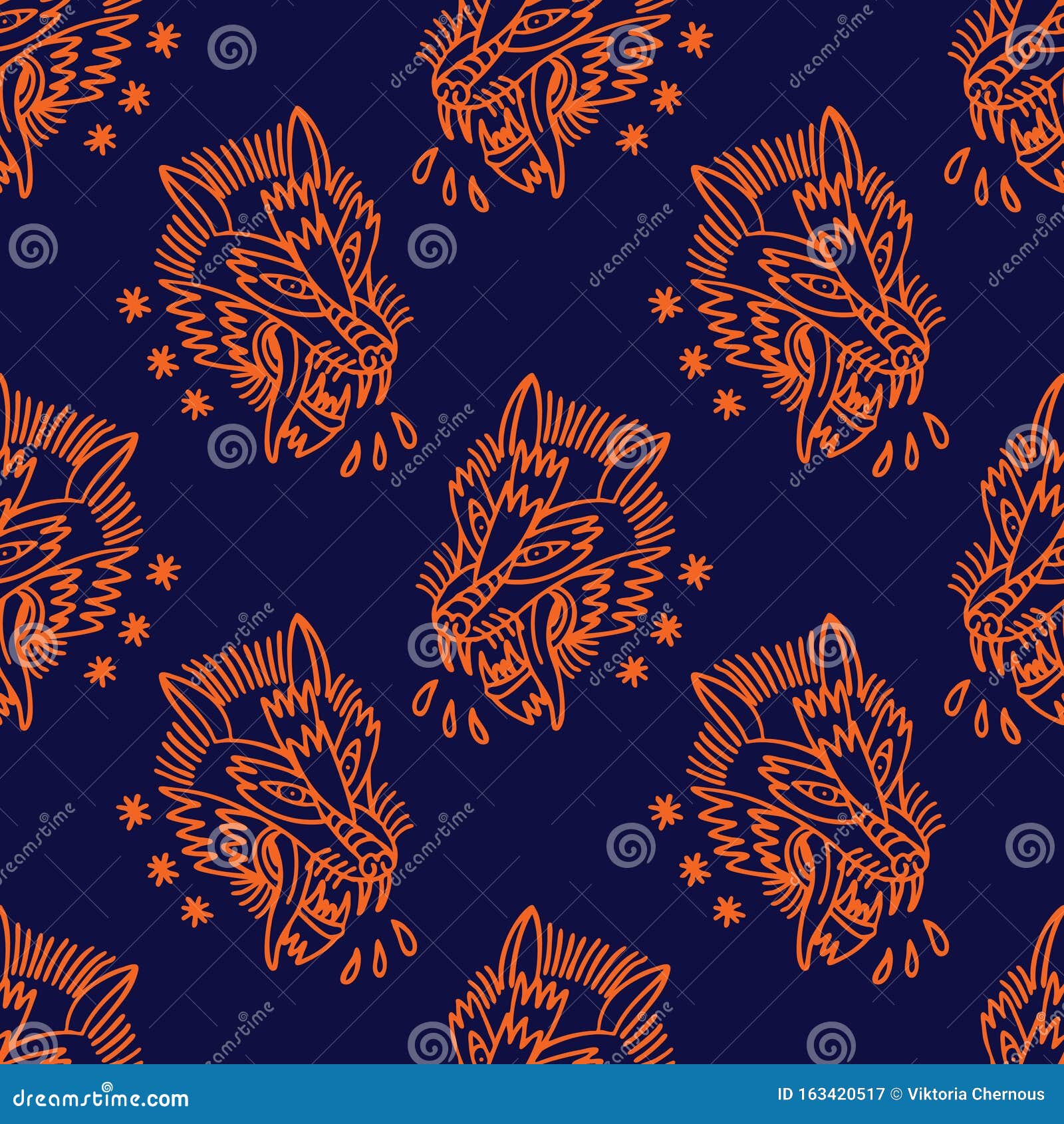 Wolf Seamless Doodle Pattern, Traditional Tattoo Illustration Stock ...
