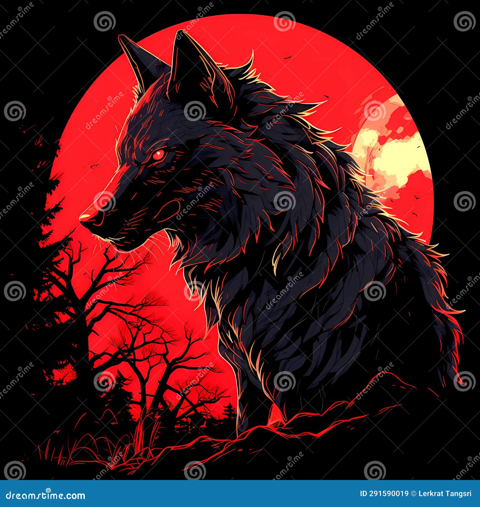 Wolf Shadow Front the Red Moon Stock Illustration - Illustration of ...
