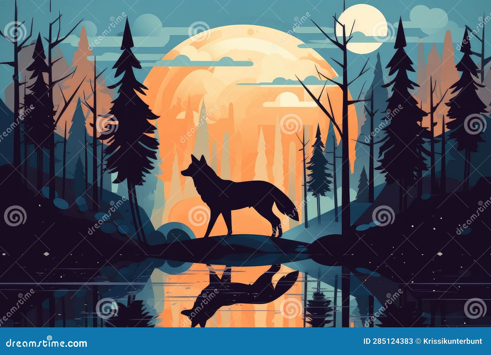 Wolf Silhouette in Forest by River Full Moon at Night Stock ... Wolf Silhouette in Forest by River Full Moon at Night Stock ...