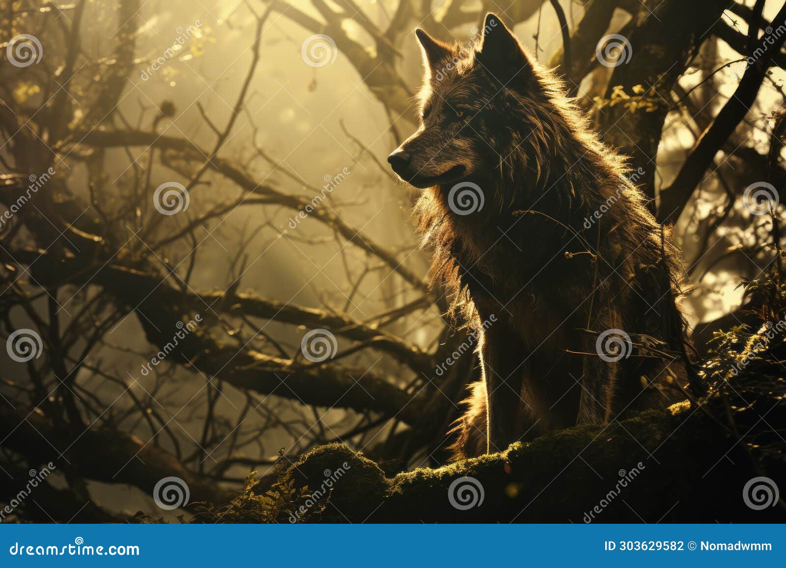 A Wolf Sits on a Tree in the Forest. Solar Light Stock Photo - Image of ...