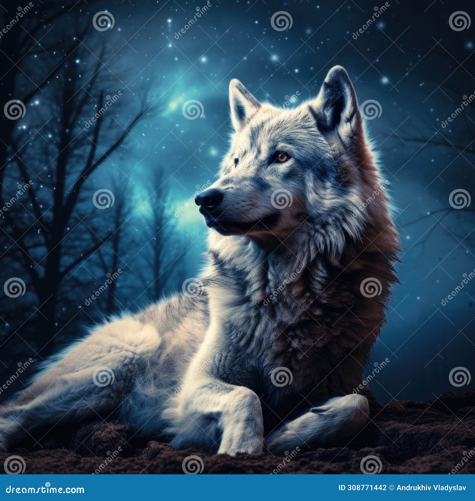 Wolf Sitting Calm in Night Stars and Sky Behind Stock Illustration ...