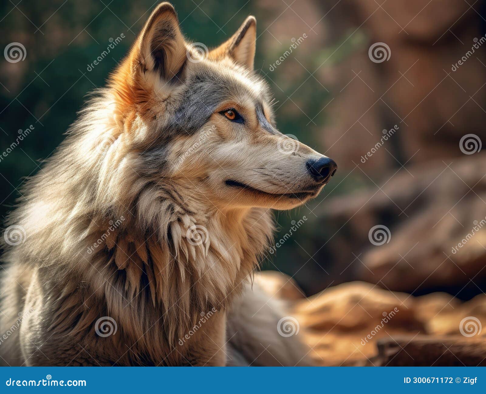Wolf Sitting on Ground, Looking Up at Camera. it is Positioned in Front of Some Rocks and Trees ...