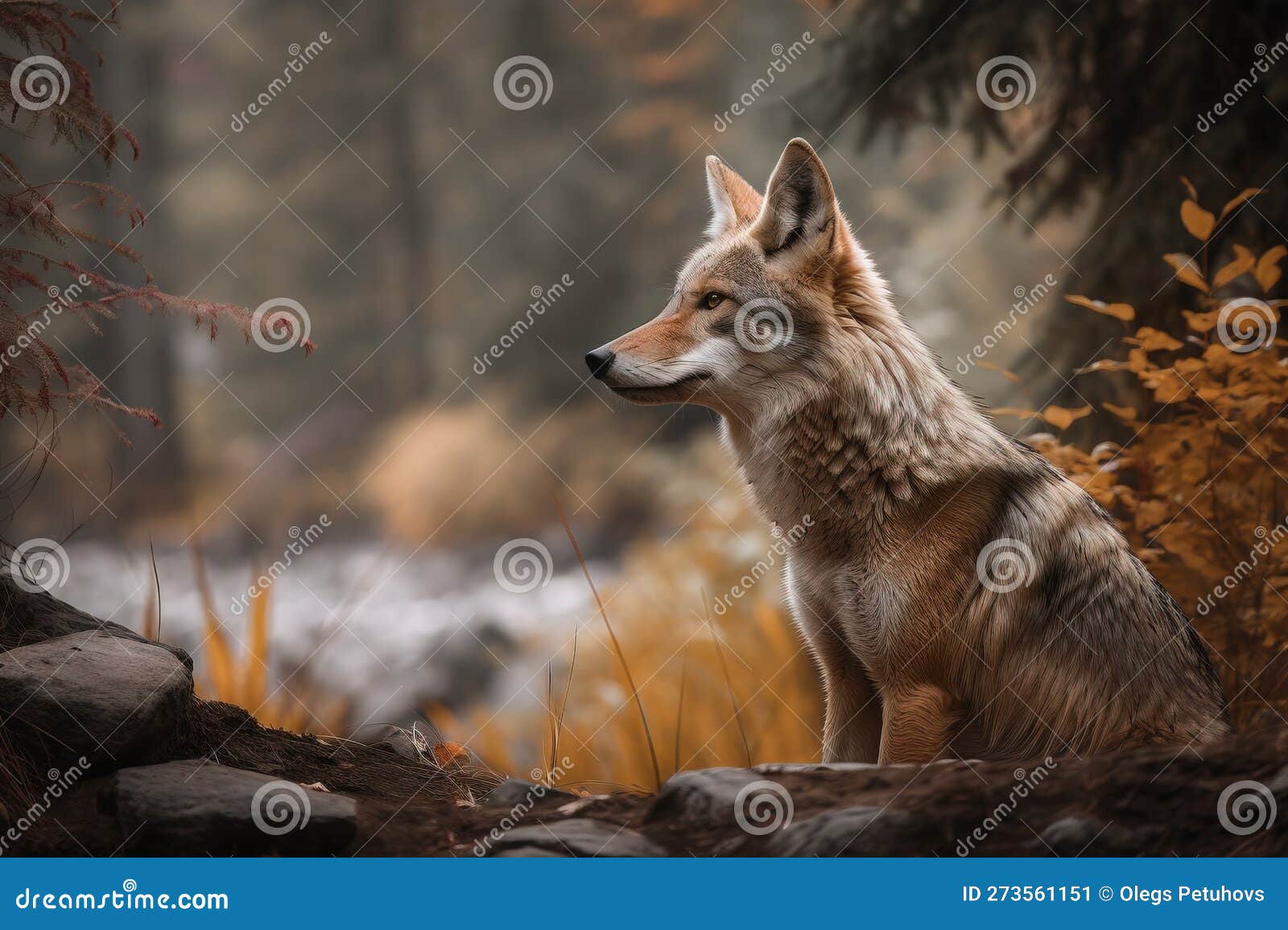 A Wolf Sitting on a Rock in a Forest Looking at the Ground with a ...
