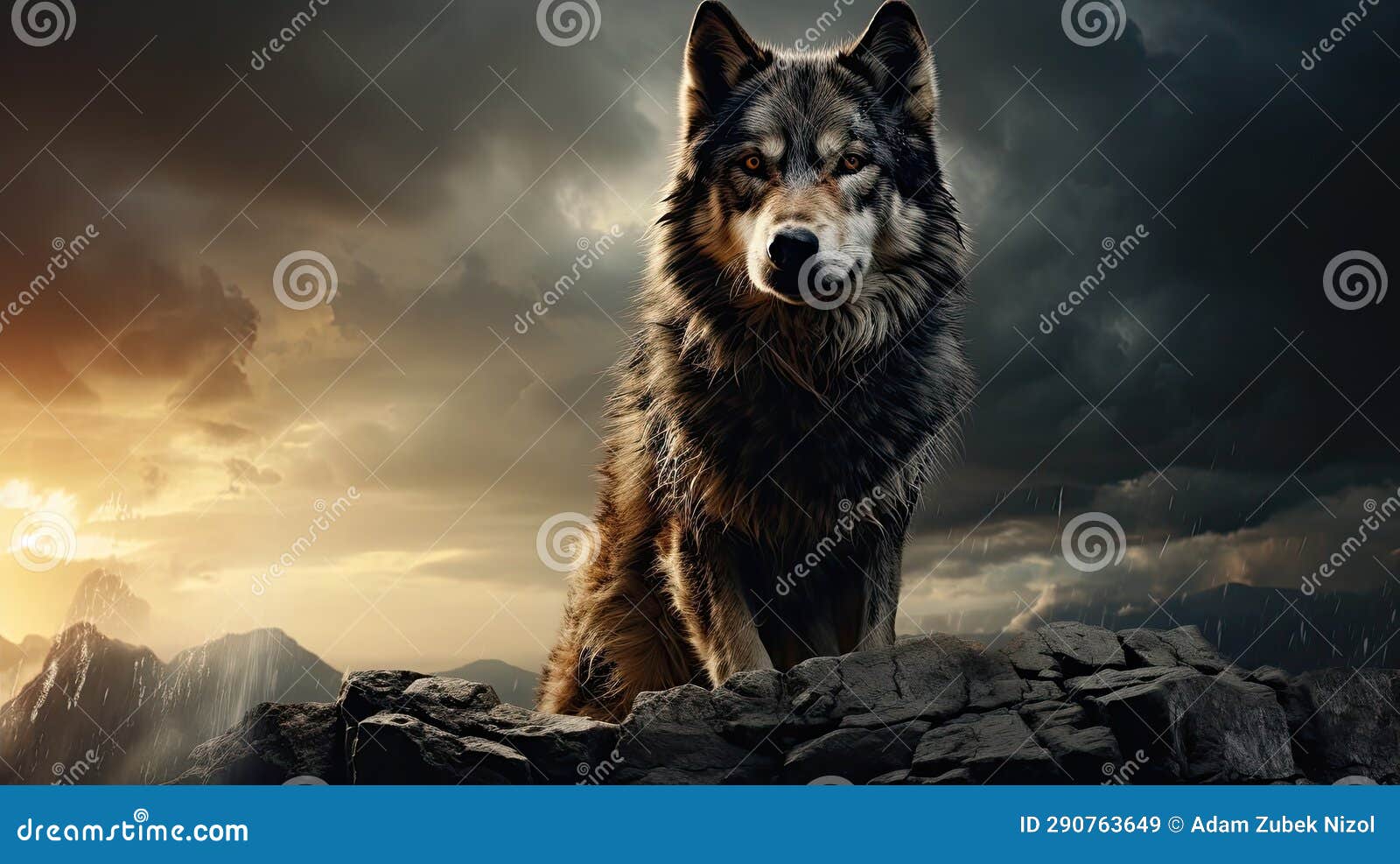 A wolf sitting on rocks stock illustration. Illustration of mountain ...