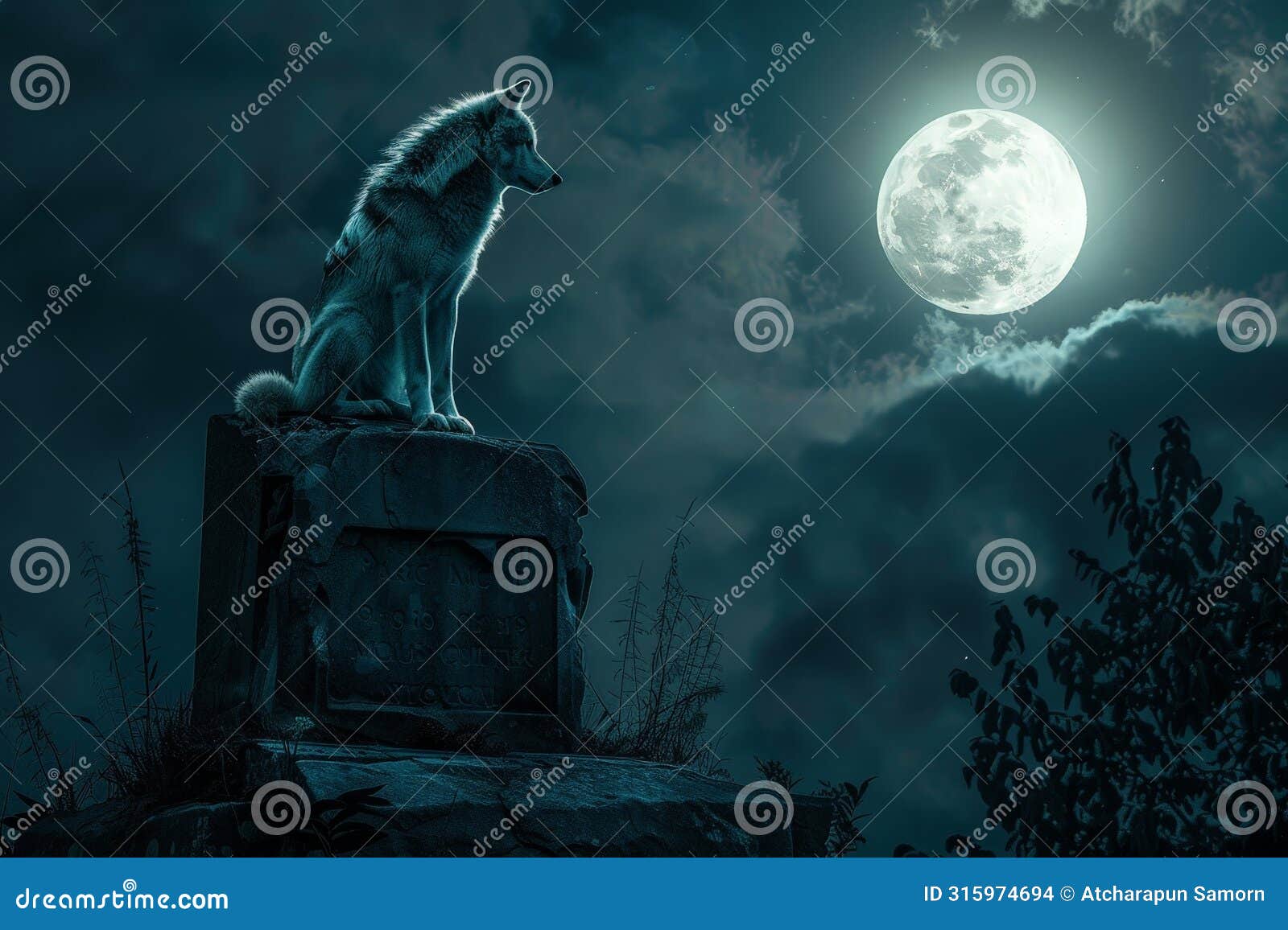 A Wolf is Sitting on a Stone in the Dark with the Moon, Generative AI ...