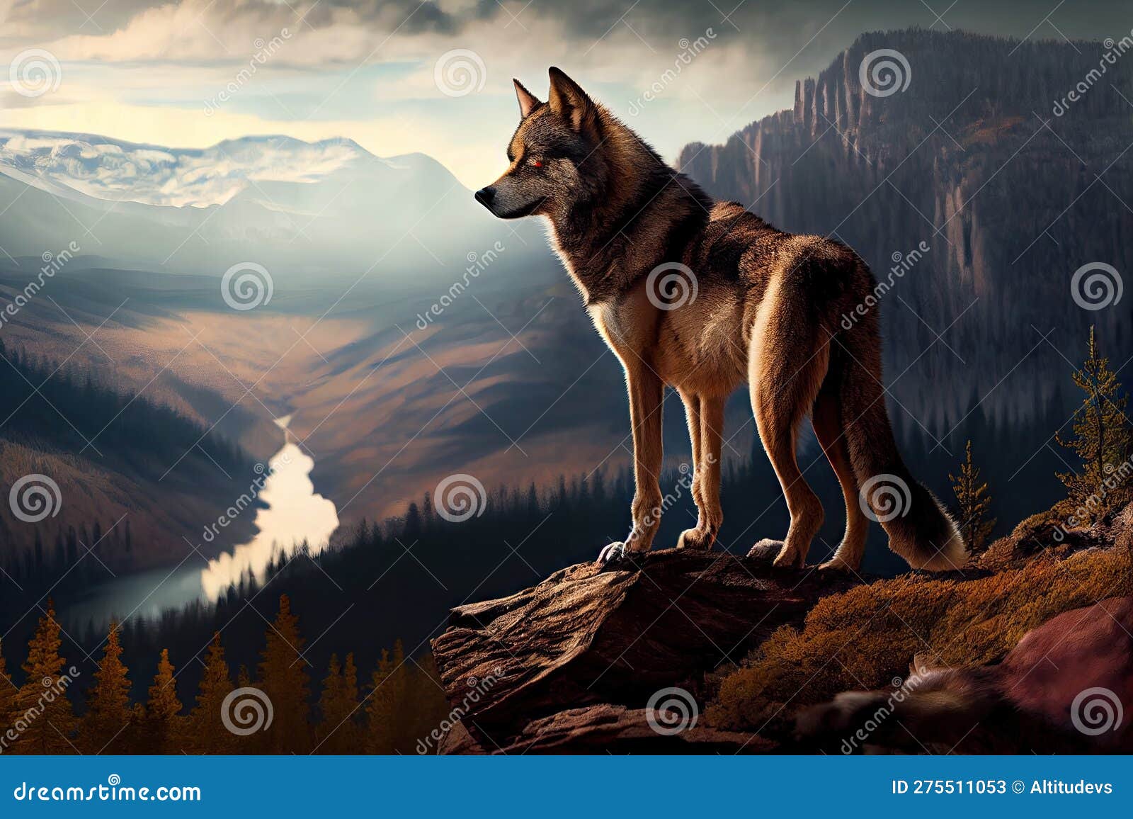 Wolf Standing Guard Over Valley, Keeping Watch Over Its Territory Stock ...
