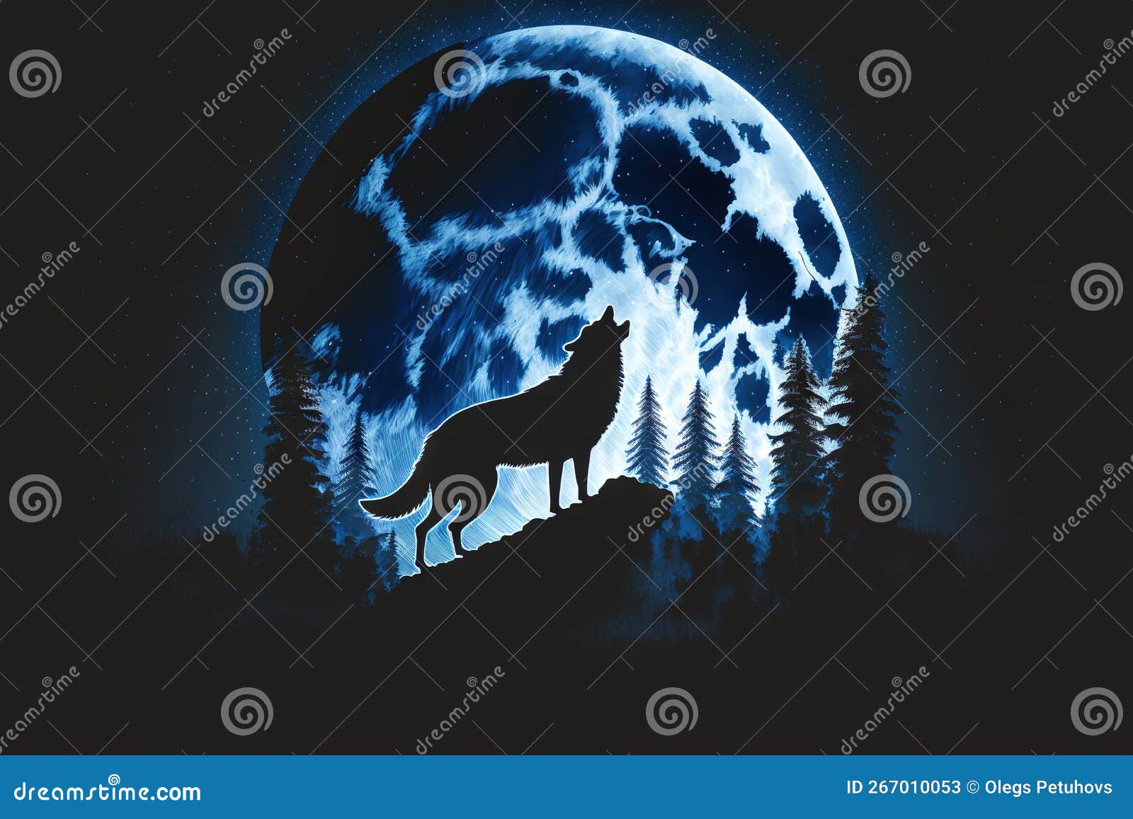 A Wolf Standing on a Hill in Front of a Full Moon with Trees and a ...