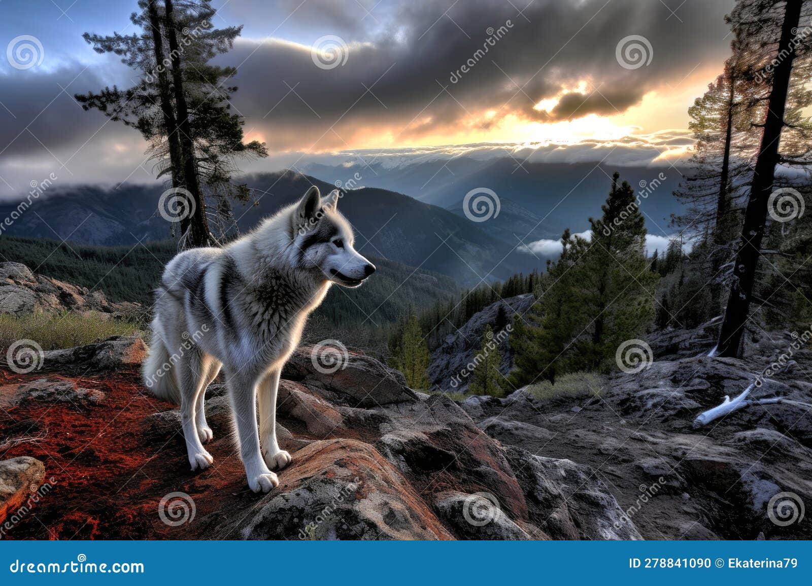 Wolf Standing on a Mountain on a Background of Trees and Other ...