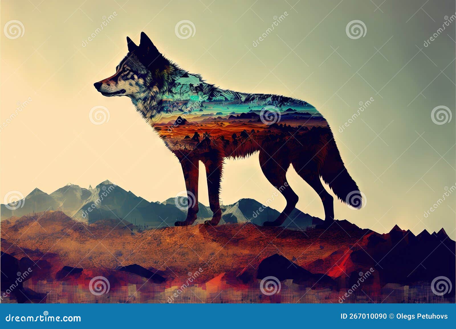 A Wolf Standing on Top of a Mountain with a Sky Background and ...