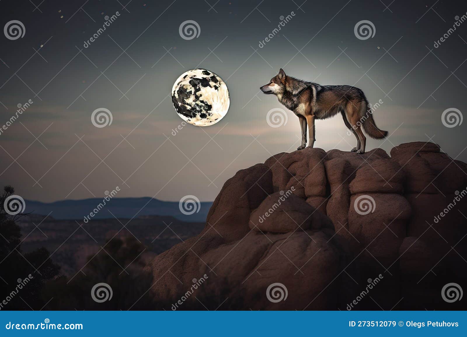 A Wolf Standing on Top of a Rock Next To a Full Moon Stock Illustration ...