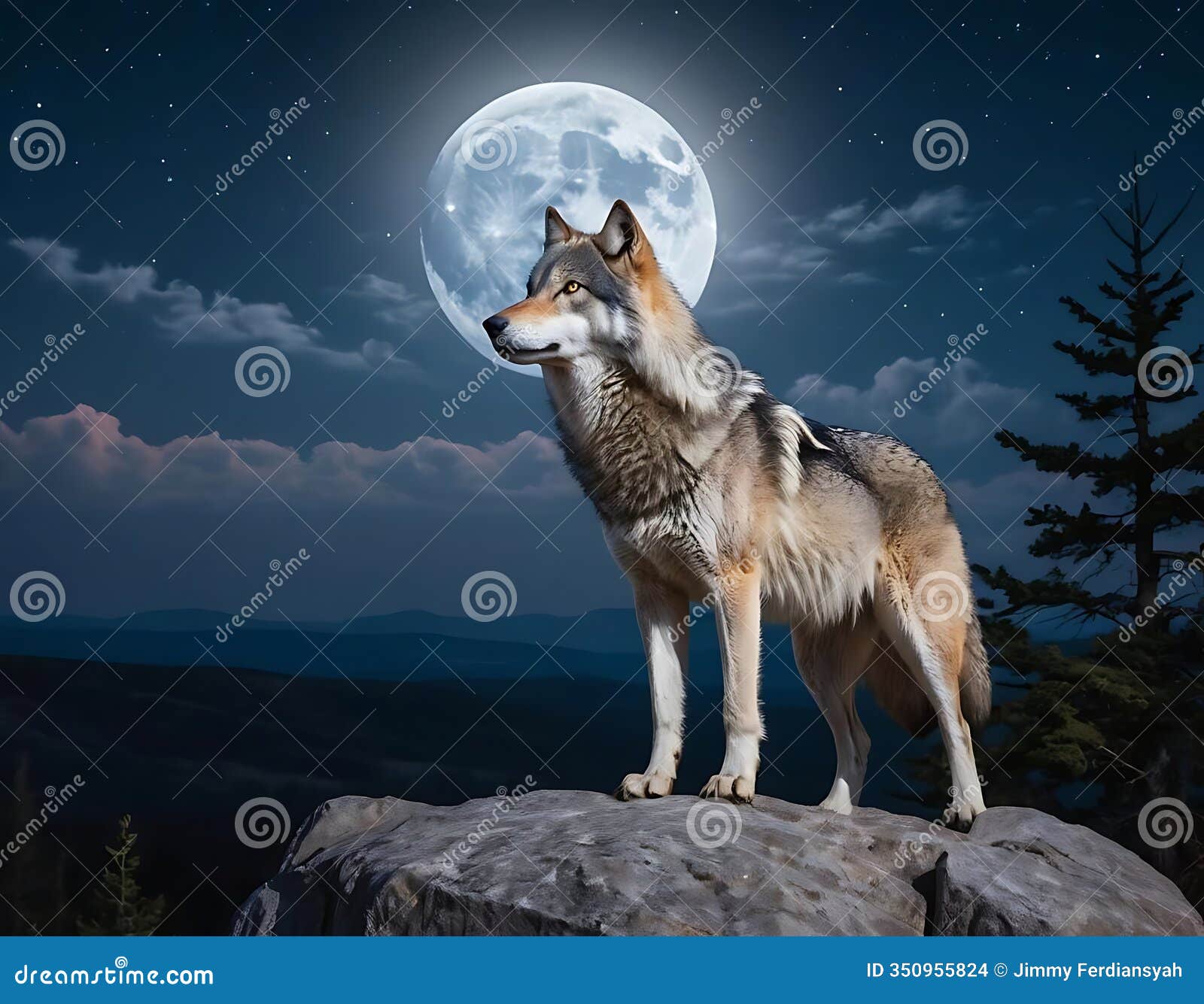 Wolf Standing Under Full Moon on Rocky Cliff Stock Photo - Image of ...