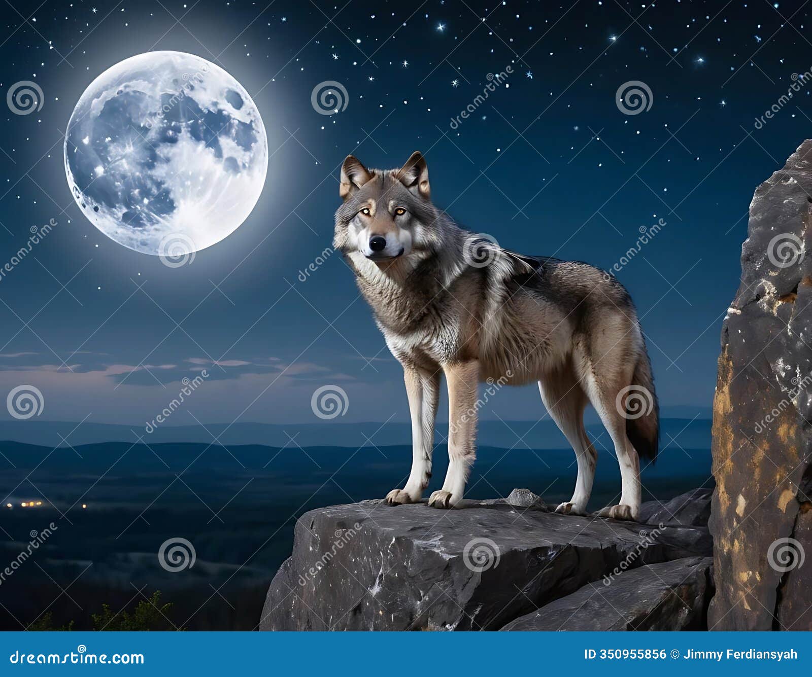 Wolf Standing Under Full Moon on Rocky Cliff Stock Photo - Image of ...