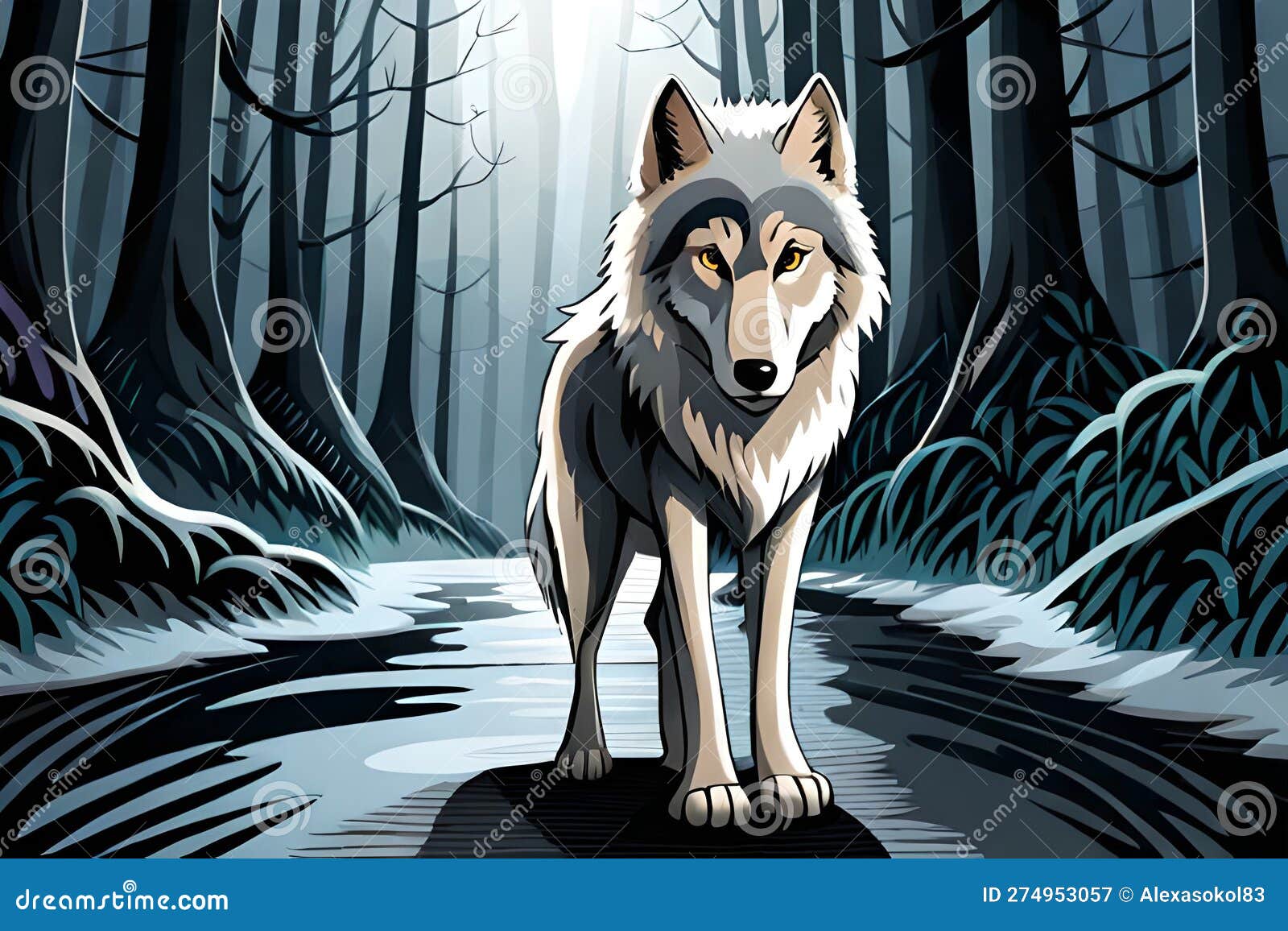 Wolf Stands in Forest on Path Stock Illustration - Illustration of ...