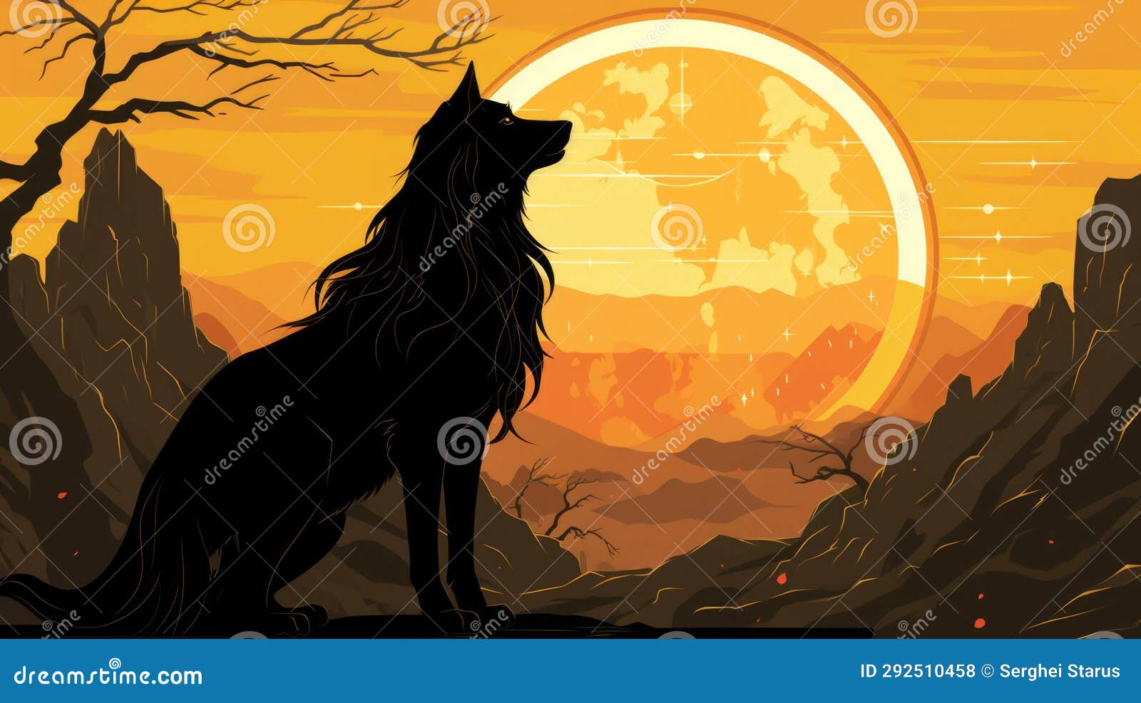 A Wolf Stands in Front of a Full Moon, AI Stock Illustration ...
