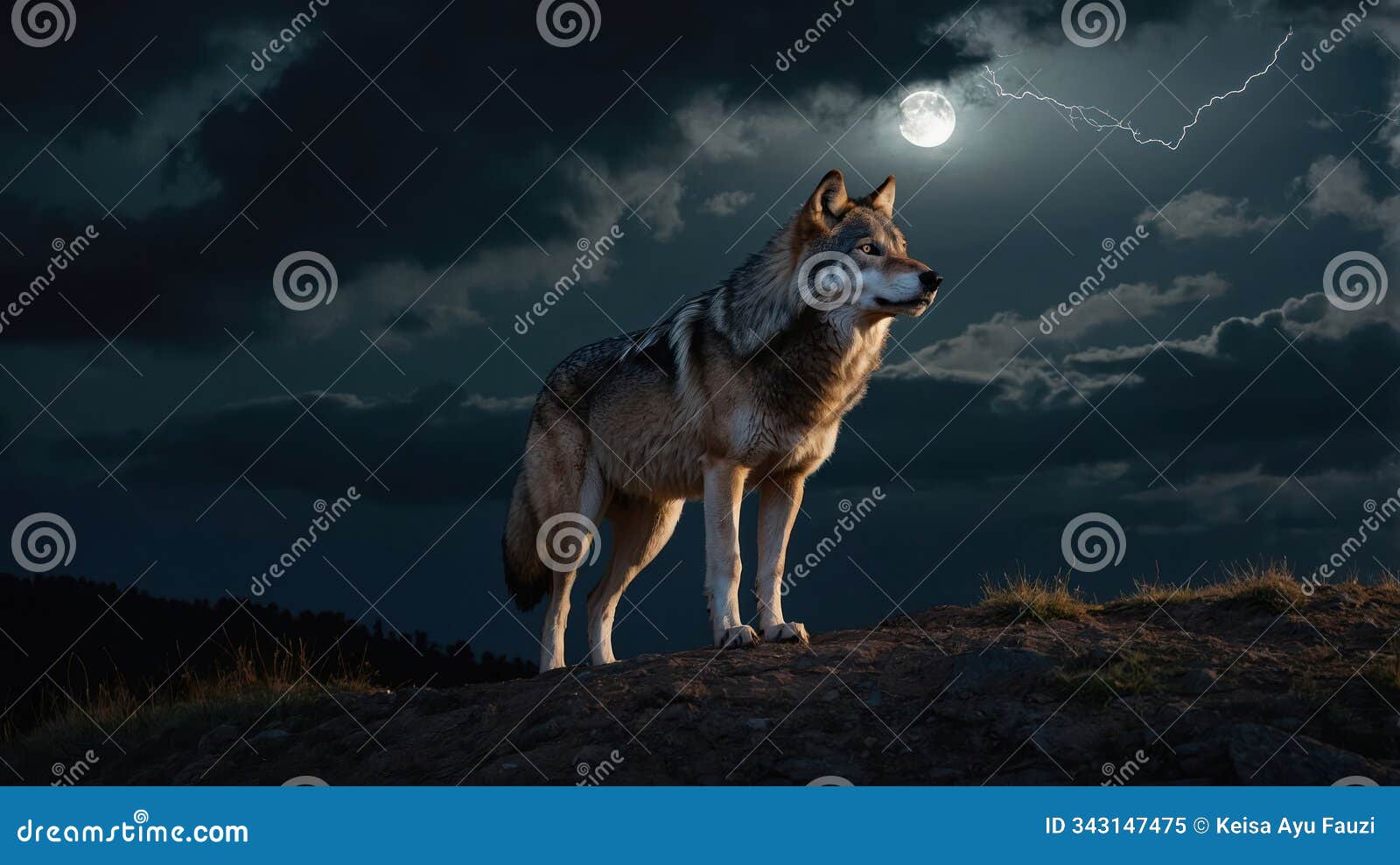 A Wolf Stands Majestically Under a Stormy Night Sky Illuminated by the ...