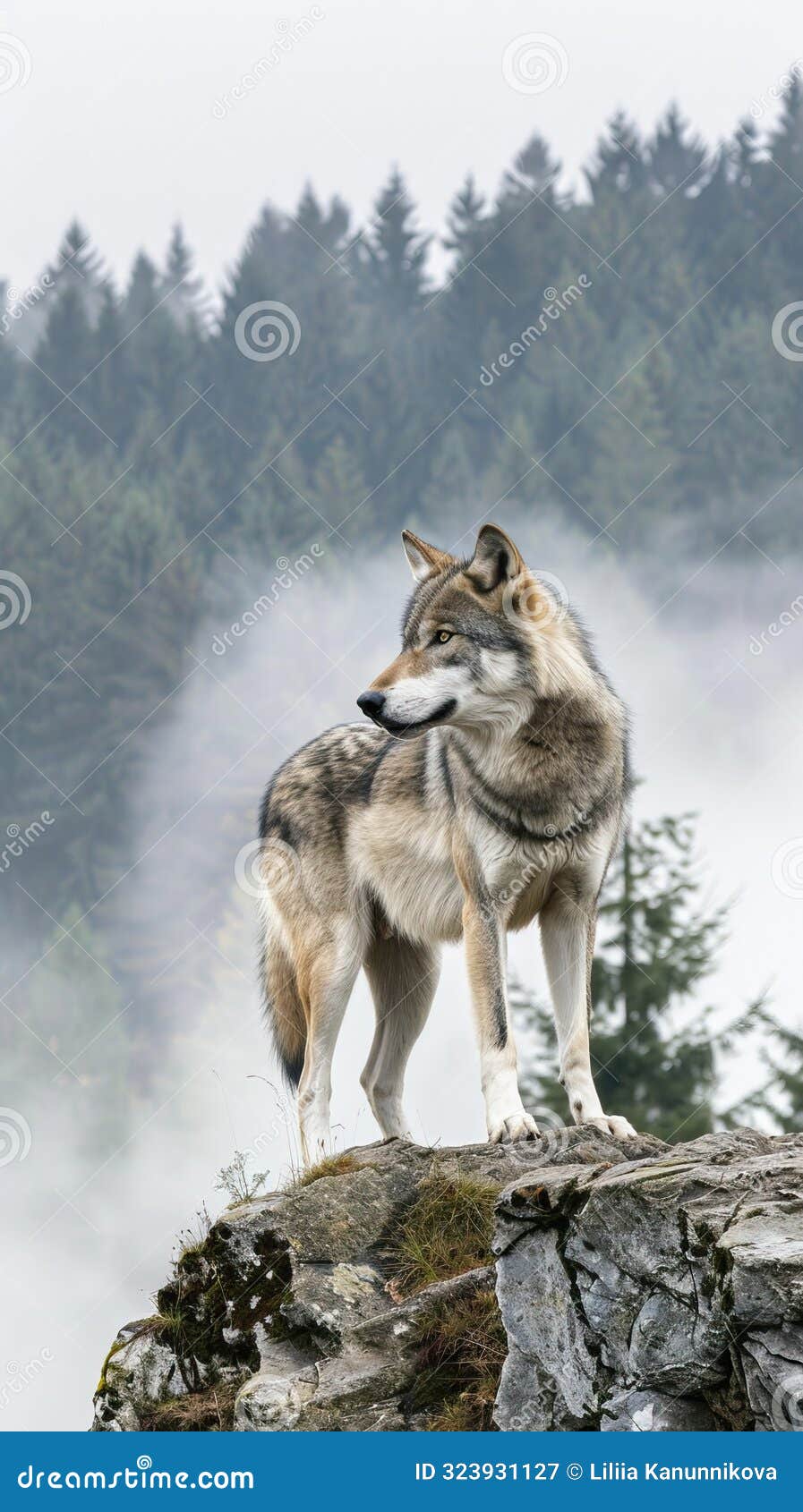 A Wolf Stands on a Rock with a Misty Forest Behind it at Dawn Stock ...