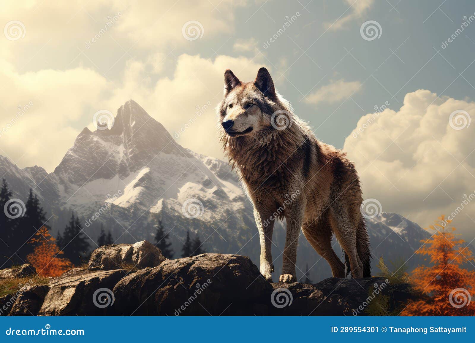 The Wolf Stands on the Rocks Against the Background of the Mountains ...