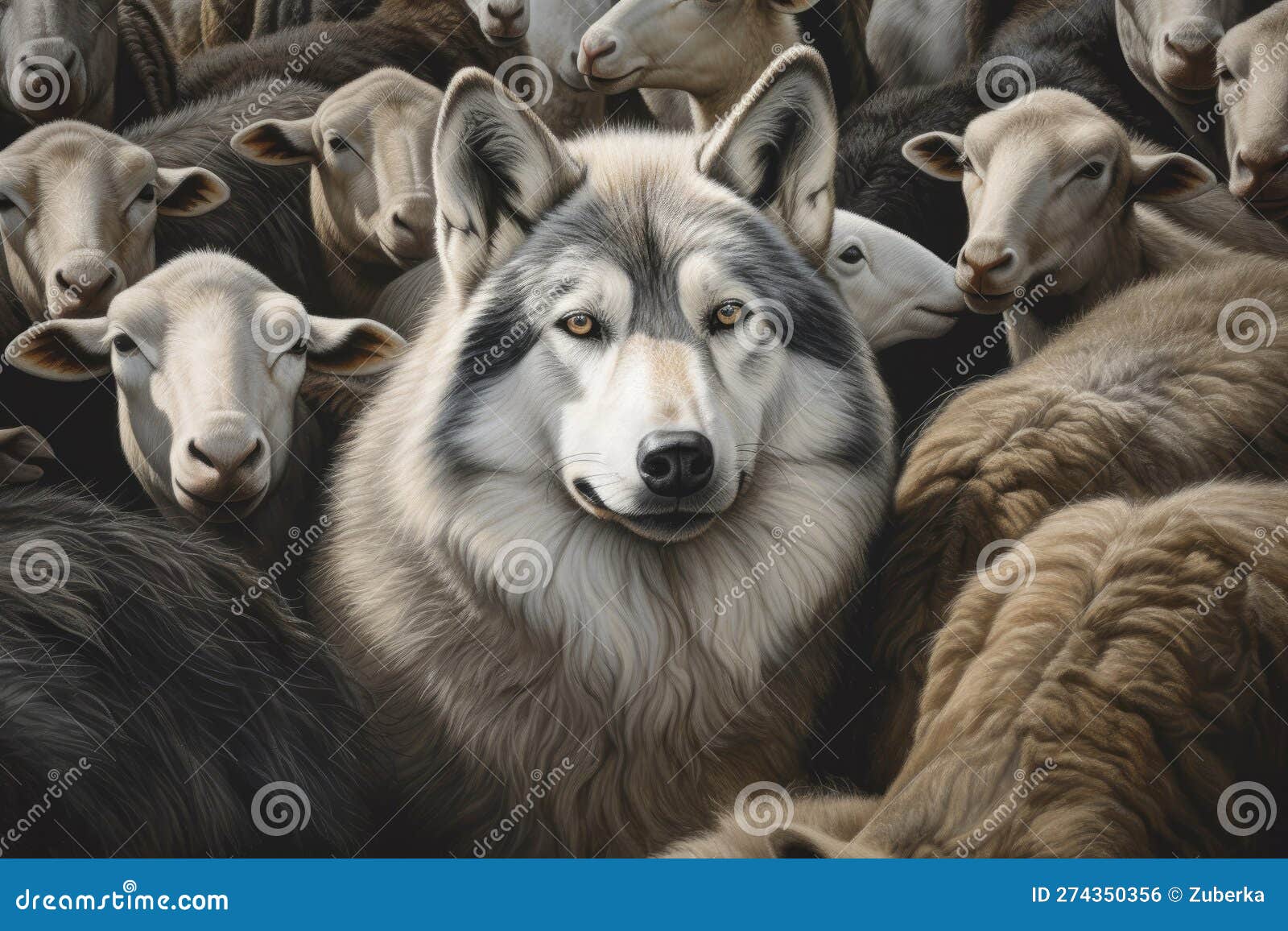 Wolf Surrounded by Sheep. AI Generative Stock Illustration ...