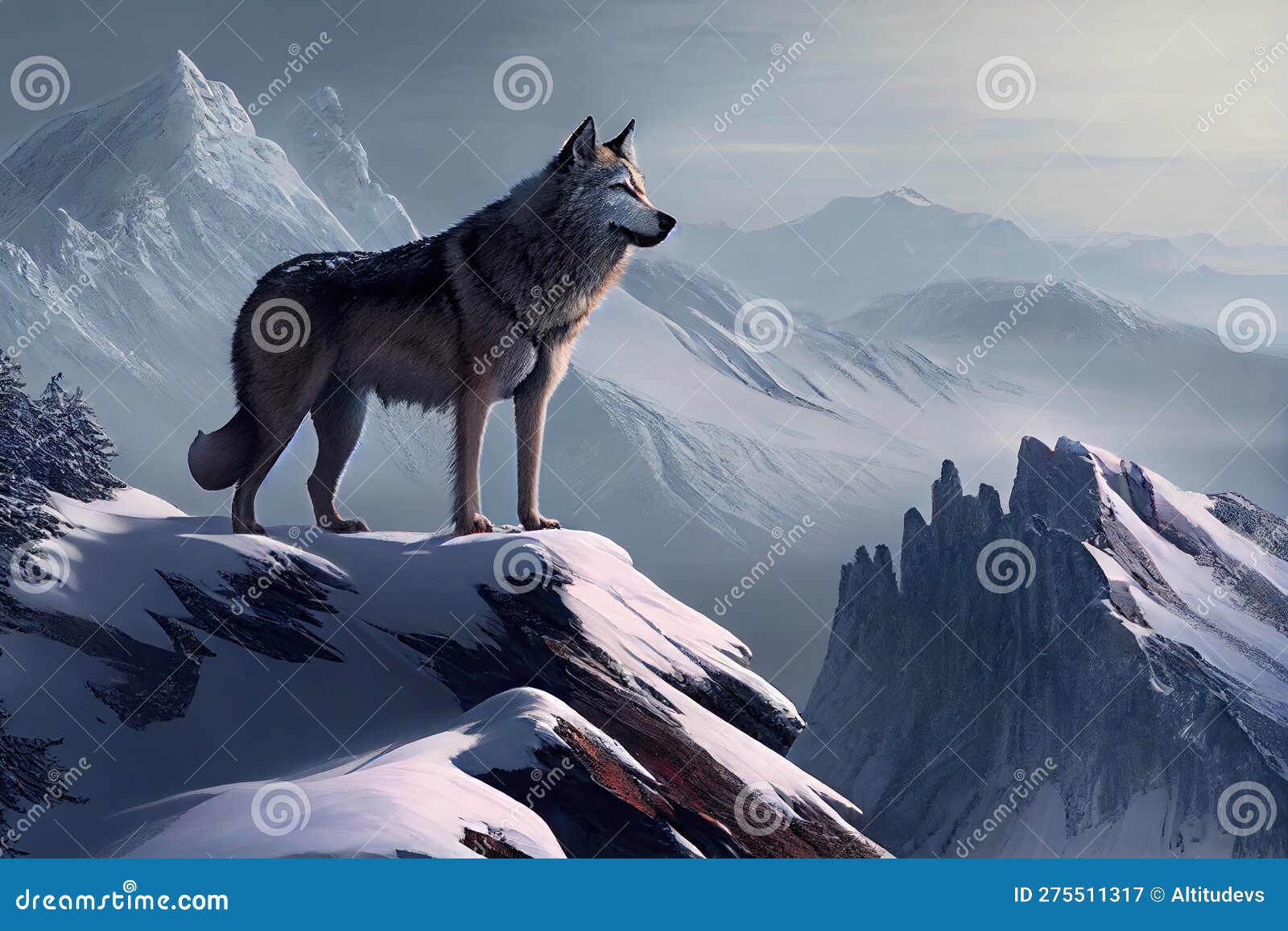 Wolf, Surveying Its Territory from the Top of a Snowy Mountain Stock ...
